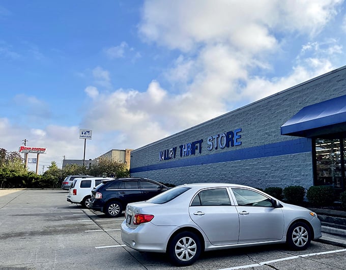 Valley Thrift's tower reaches skyward, marking the spot where wallets go to feel appreciated again.