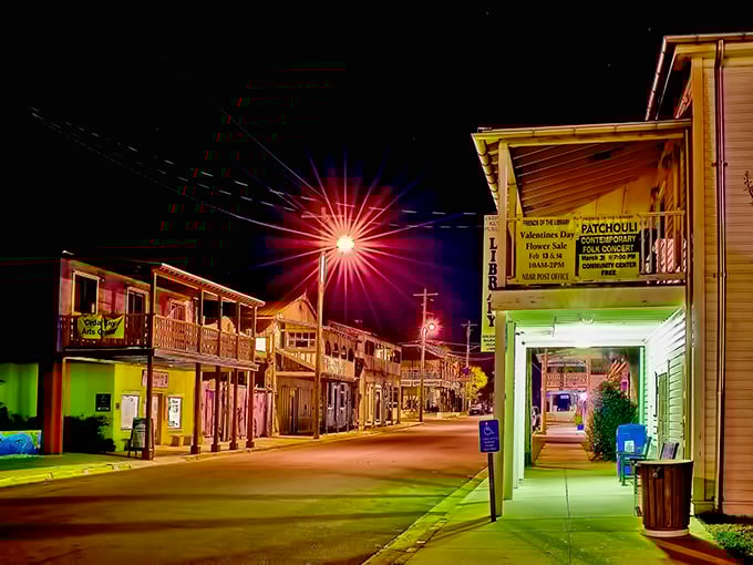 Night falls on Cedar Key's main street, transforming this fishing village into a magical scene worthy of a watercolor painting.
