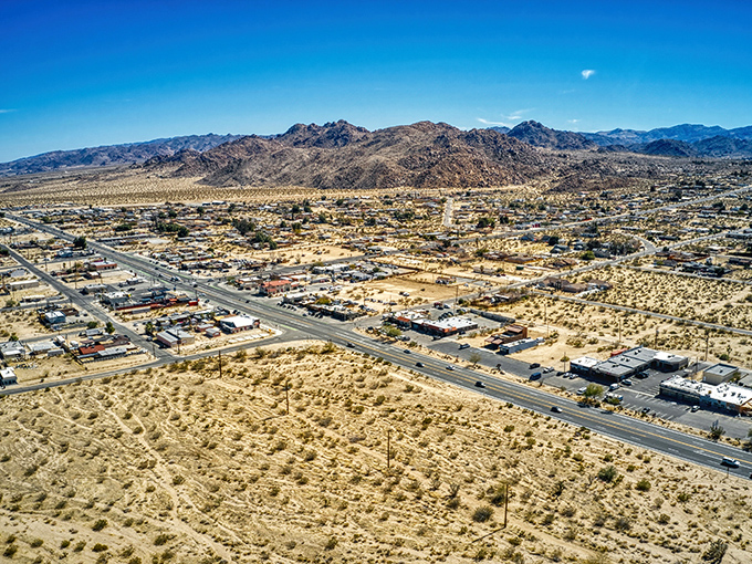 Where the desert meets commerce in Joshua Tree. Those mountains in the background are nature's version of a security blanket.