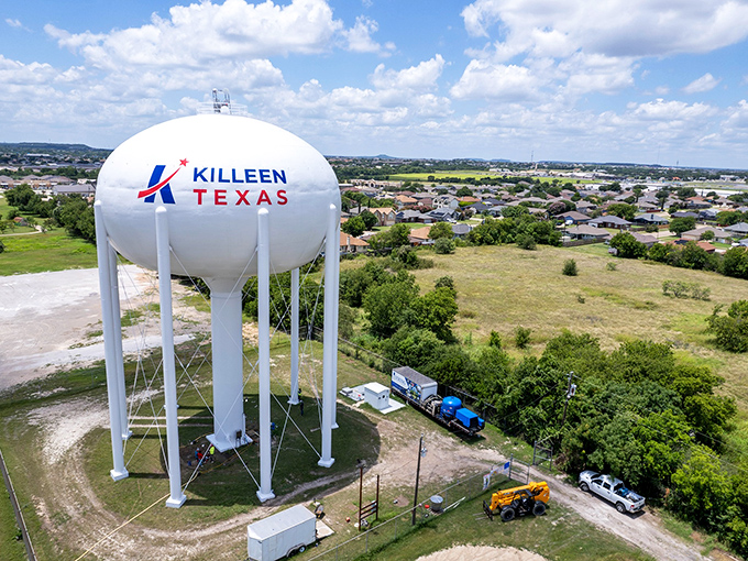 Killeen's water tower announces itself to the world—the architectural equivalent of writing your name on your lunch bag.