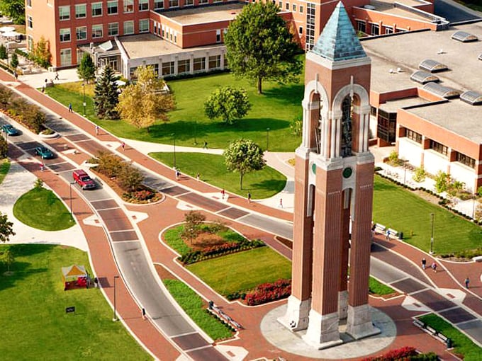 Ball State University's iconic bell tower stands tall in Muncie, much like your retirement savings will in this affordable college town.