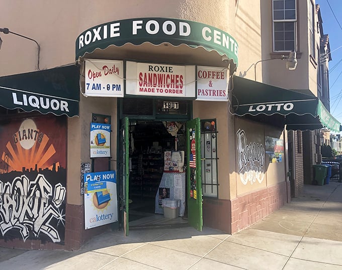 Where lottery tickets meet legendary sandwiches—Roxie's green awning signals sandwich greatness is just inside.