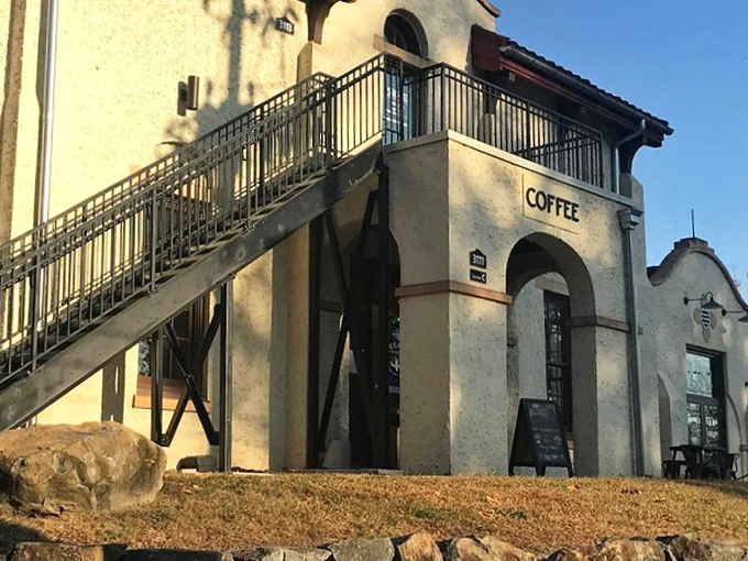 Simple yet dramatic—Sleeping Bird Coffee's exterior promises what every coffee lover seeks: exceptional brews in a building worth admiring.