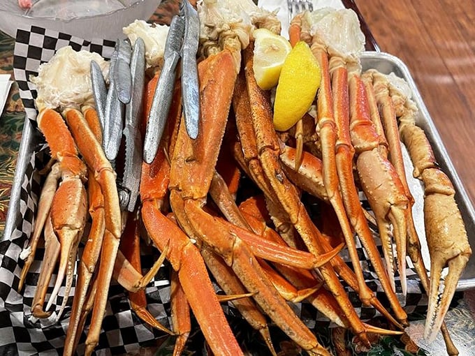 Snow crab legs arranged like a coral masterpiece—nature's perfect design for both beauty and function. The kind of dish that justifies wearing a bib as an adult.