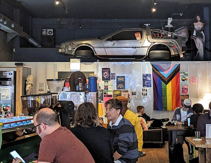 Great Scott! That's not a hallucination—there's actually a DeLorean suspended above the coffee bar. No flux capacitor required for this trip back to 1985.