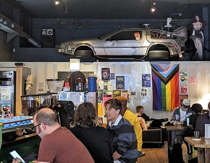 Great Scott! That's not a hallucination—there's actually a DeLorean suspended above the coffee bar. No flux capacitor required for this trip back to 1985.
