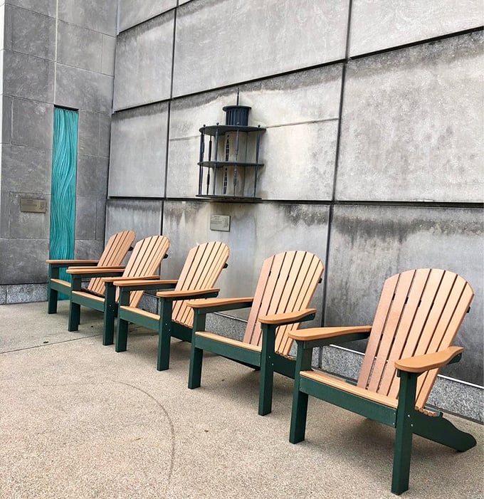 Take a moment to rest those museum legs! These Adirondack chairs offer the perfect spot to contemplate Indiana's limestone legacy.