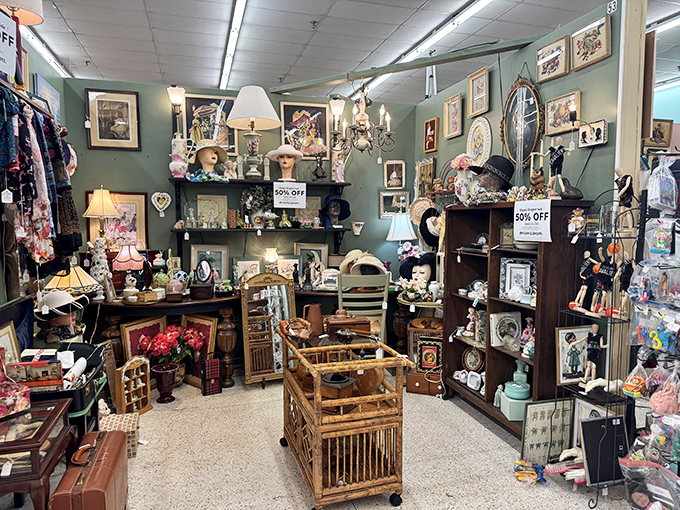This cozy booth feels like stepping into your eccentric great-aunt's living room—if she had impeccable taste and a flair for display.