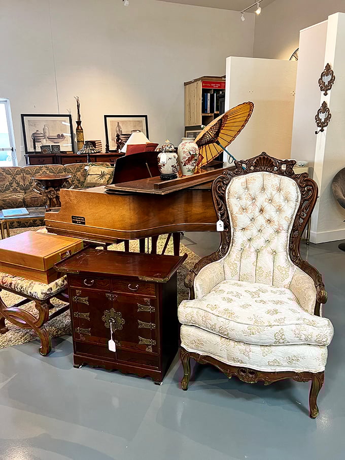 That elegant Victorian chair paired with a vintage piano? It's the furniture equivalent of finding Audrey Hepburn and Frank Sinatra hanging out in your living room.