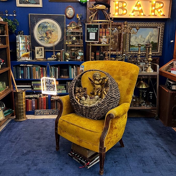 This golden velvet chair isn't just furniture; it's a throne waiting for someone who appreciates that mustard yellow was once the height of sophistication.