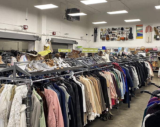 Organized chaos at its finest—where yesterday's fashion trends hang patiently waiting for their renaissance moment in someone else's wardrobe.
