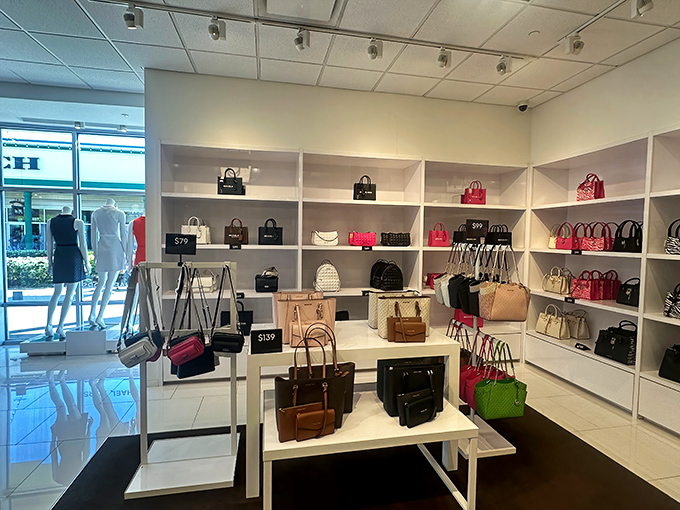 Designer handbags stand at attention like soldiers in formation, each one silently whispering, "Take me home, I'm 60% off and your spouse will never know."