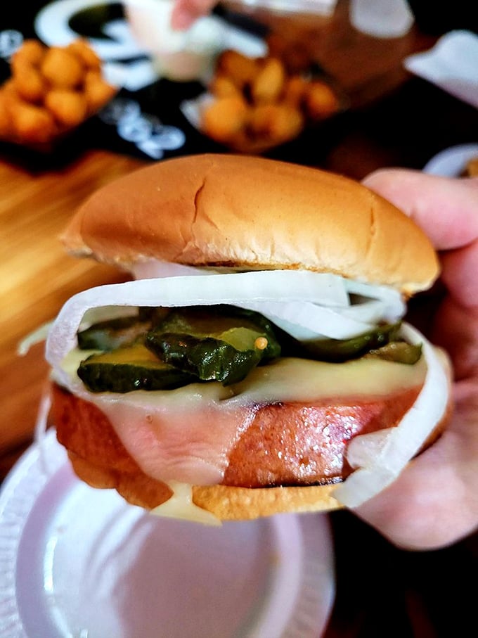 Behold the star of the show! Thick-cut bologna with crispy edges, melty cheese, crunchy pickles, and fresh onion on a pillowy bun—proof that perfection needs no complexity.