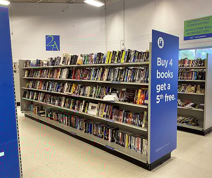 Literary gold mine with a blue light special—buy four books, get the fifth free. Bibliophiles, prepare your tote bags!
