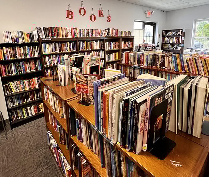 The book section rivals small libraries, with hanging letters spelling "BOOKS" in case you forgot what reading material looked like before Kindles.