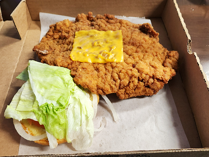This breaded tenderloin sandwich doesn't just hang over the plate—it declares territorial rights to the entire table.