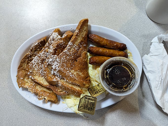 French toast arrives golden and generous, proving that some classics never need improvement, just proper execution and care.