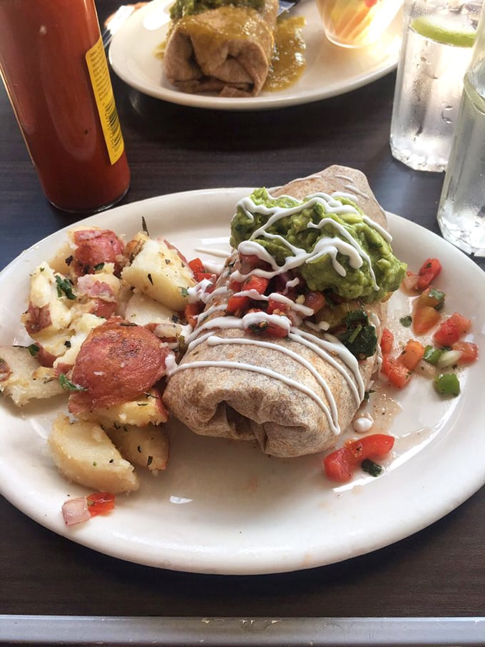 The breakfast burrito in its natural habitat—a perfect ecosystem of protein, potatoes, and fresh pico, with strategic drizzles of sour cream and guacamole.