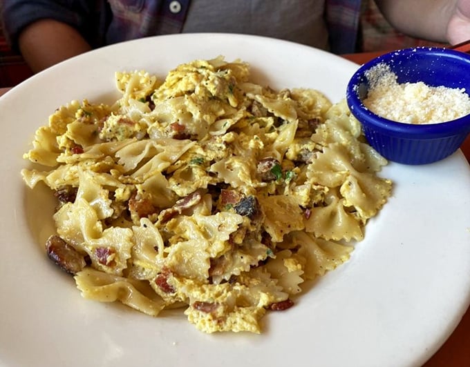 Breakfast pasta that defies convention – farfalle dancing with eggs and bacon in a morning symphony that makes you question why you ever settled for cereal.