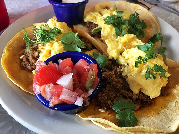 Breakfast tacos that make Monday mornings bearable—fresh pico, perfectly scrambled eggs, and enough cilantro to make you forget you're not in Austin.