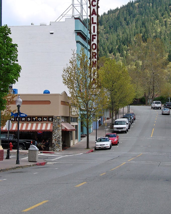 The California Theatre's façade rises majestically up the hill, a blue sentinel of entertainment that's been the town's cultural heartbeat for generations.