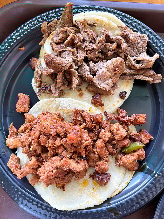 Perfectly grilled carne asada nestled on handmade tortillas – the kind of simple perfection that makes you question every taco you've eaten before.