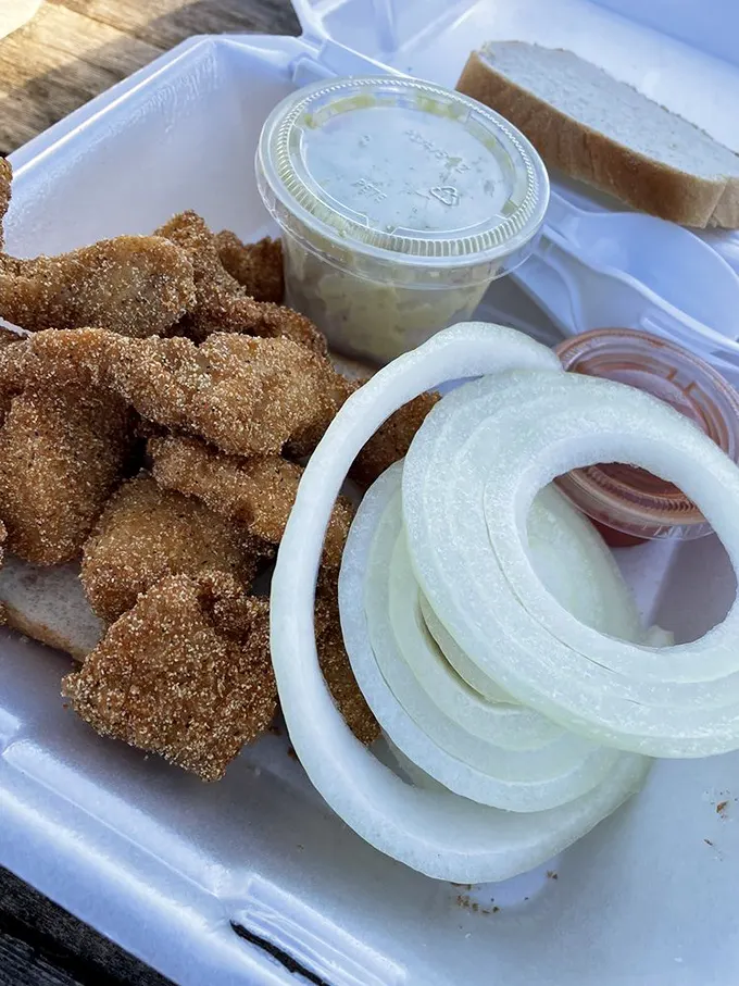 Golden-brown nuggets of catfish heaven, served with sliced onions and homemade tartar sauce. These fritters don't need fancy plating—they let their flavor do all the talking.
