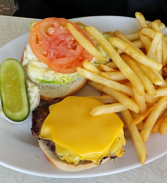 A proper diner cheeseburger doesn't need truffle aioli or artisanal buns—just honest beef, melty cheese, and the promise of napkins nearby.