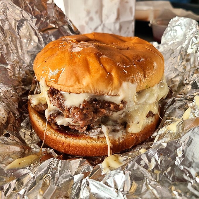 Behold the star of the show – a perfectly melted cheese blanket hugging a seasoned patty. Napkins required, no negotiations.