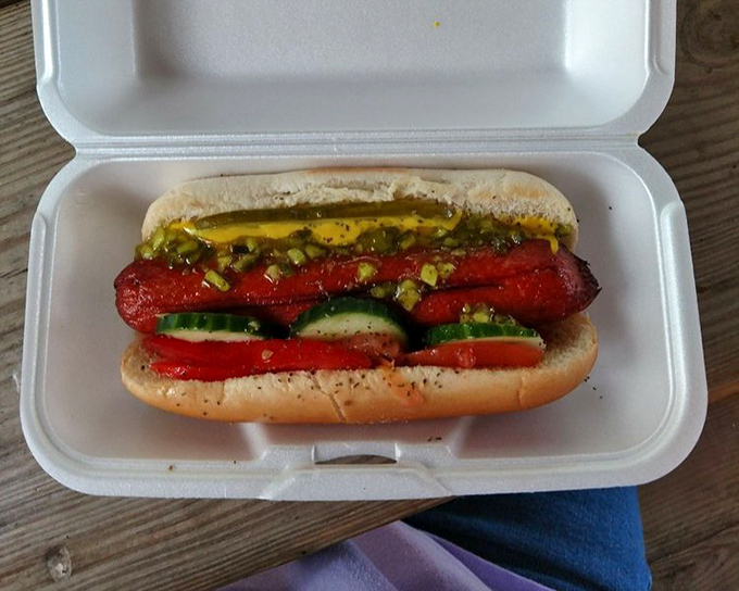 This Chicago dog is architectural perfection—a skyscraper of flavor with that telltale neon-green relish and sport peppers. No ketchup in sight!