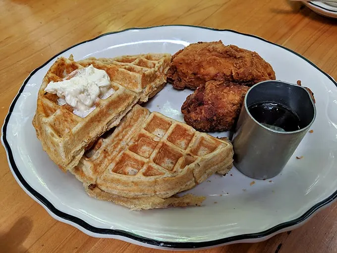 Golden waffles meet perfectly fried chicken in this heavenly marriage of sweet and savory.