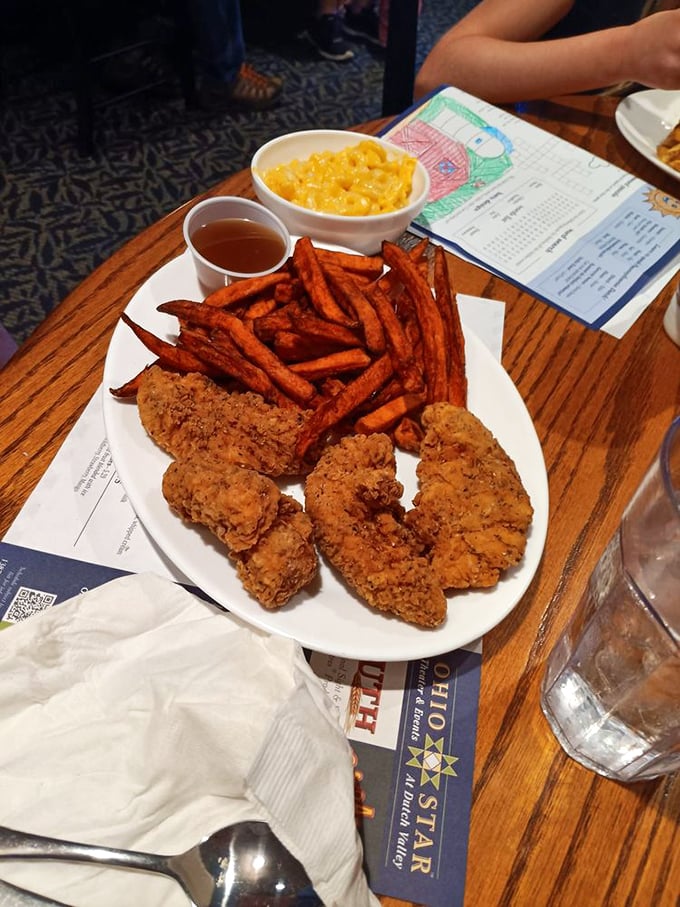 These chicken tenders aren't just crispy—they're having a meaningful relationship with those sweet potato fries. A match made in Amish Country heaven.