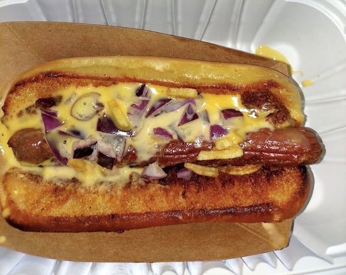The star of the show: a perfectly grilled dog nestled in a toasted bun, smothered with chili, cheese, and diced onions. Napkins required, regrets impossible.