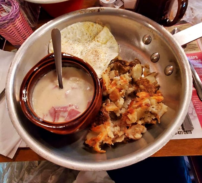 Behold the legendary chipped beef – creamy, savory perfection served in a crock that says, "Yes, this is how your grandparents survived winter."