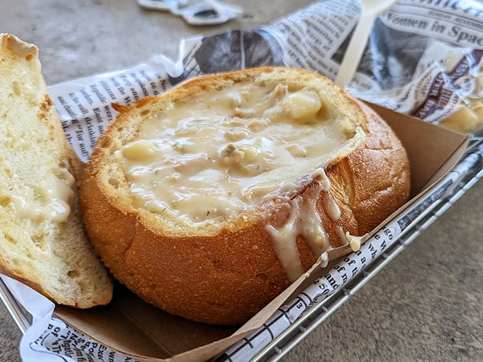 This bread bowl of clam chowder isn't just soup—it's a warm hug from the Pacific Ocean, with each spoonful delivering creamy, briny perfection.