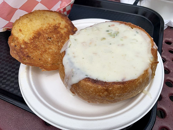 Behold the holy grail of comfort food: clam chowder in a sourdough bread bowl. The steam rising is nature's way of saying, "Get in my belly!"