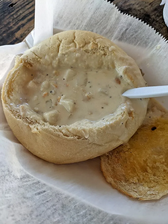 This bread bowl of clam chowder isn't just comfort food; it's a warm, creamy hug from the ocean itself.