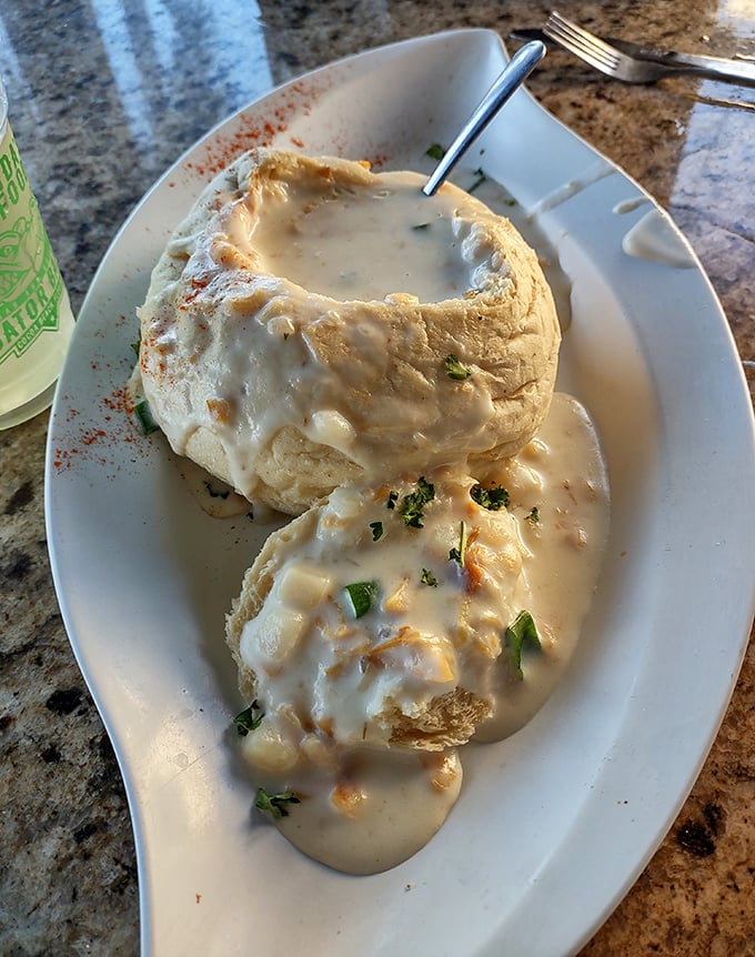 The clam chowder in a bread bowl isn't just a soup—it's a life-changing experience that might make you consider moving to Cocoa Beach permanently.