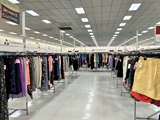 Color-coded clothing racks stretch like fashion runways, except here you won't find judgmental looks—just judgment-worthy looks at unbelievable prices.