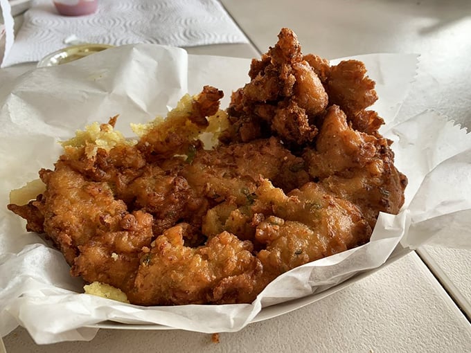 Golden-brown conch fritters that crunch like your favorite childhood memory before giving way to tender, flavorful bites of the sea.