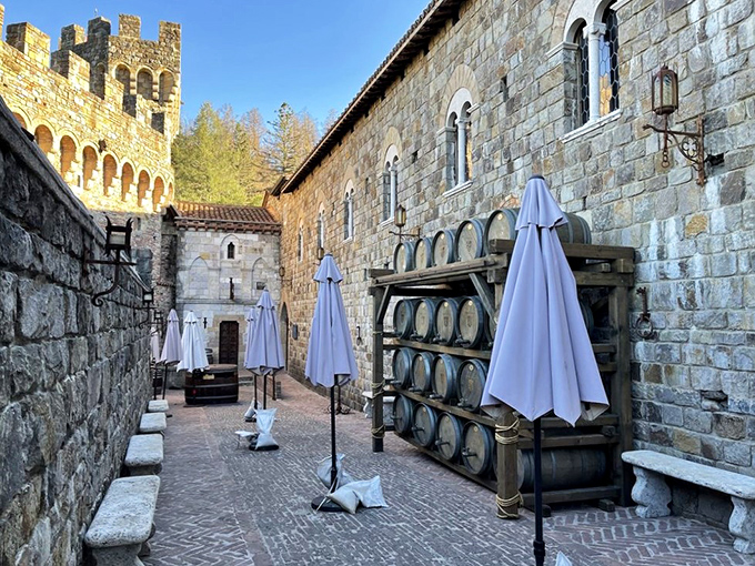 Wine barrels line the stone courtyard walls where folded umbrellas await sunny California days—a scene Michelangelo might have painted if he'd been into viticulture.