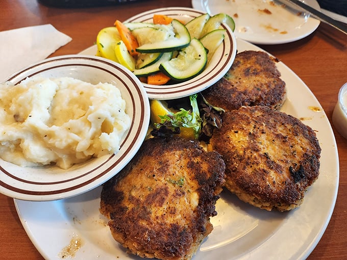 Golden-brown crab cakes that are actually crab, not cake—a rare and beautiful thing in this world of seafood imposters.