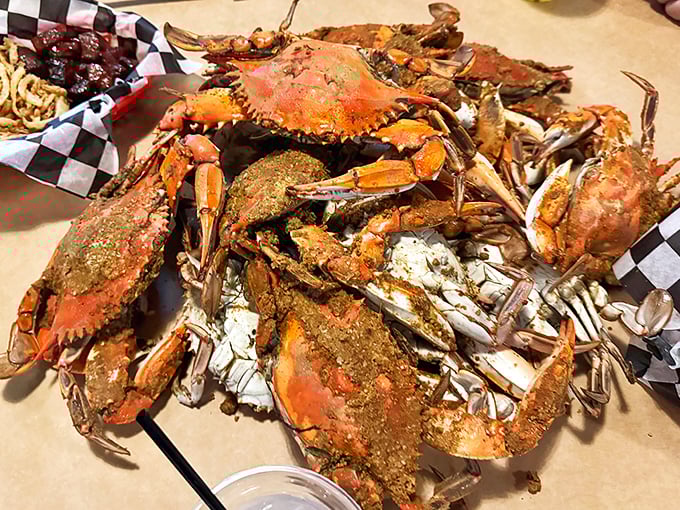 Maryland blue crabs in their full glory—spice-crusted, steaming hot, and demanding to be cracked open with equal parts skill and determination.