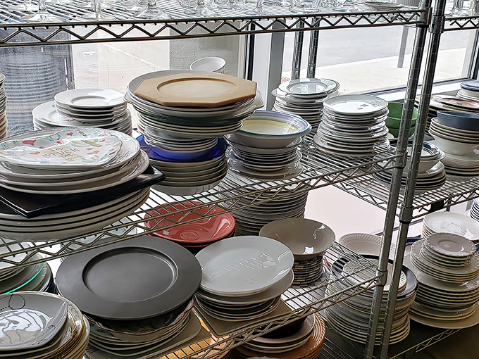 Plate-o-rama! These stacks of dishes aren't just kitchenware—they're story-starters waiting for their second chapter at someone's dinner table.