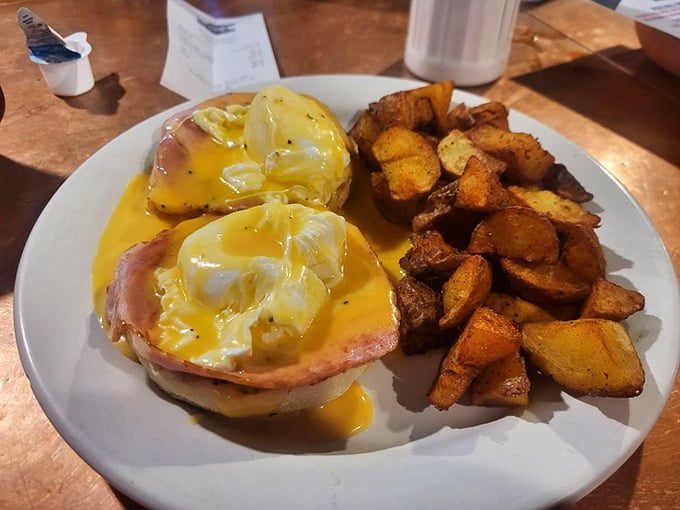 Eggs Benedict that would make a French chef weep with joy—perfectly poached eggs cascade hollandaise down Canadian bacon islands.