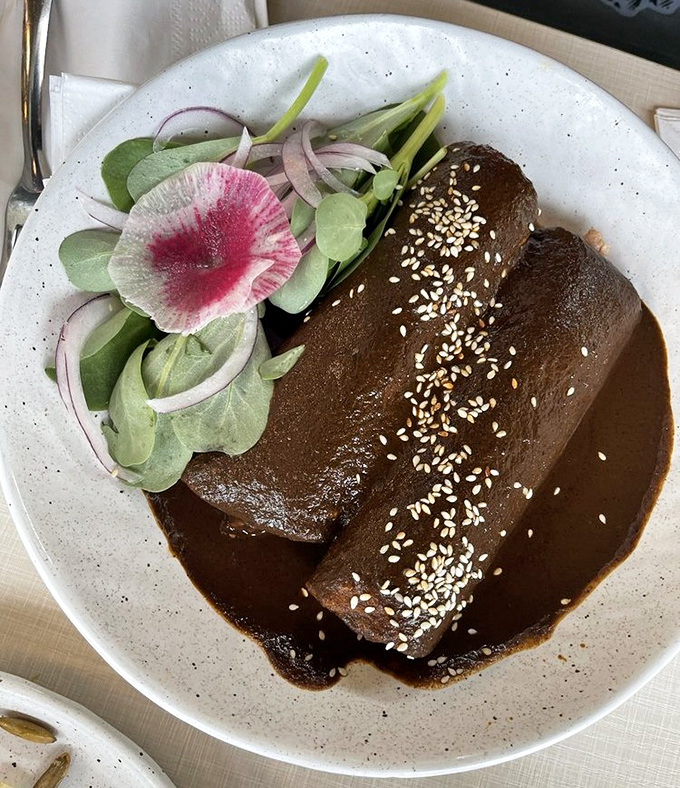 These enchiladas aren't just swimming in mole—they're doing the backstroke in flavor heaven. That watermelon radish garnish isn't just pretty; it's edible art.