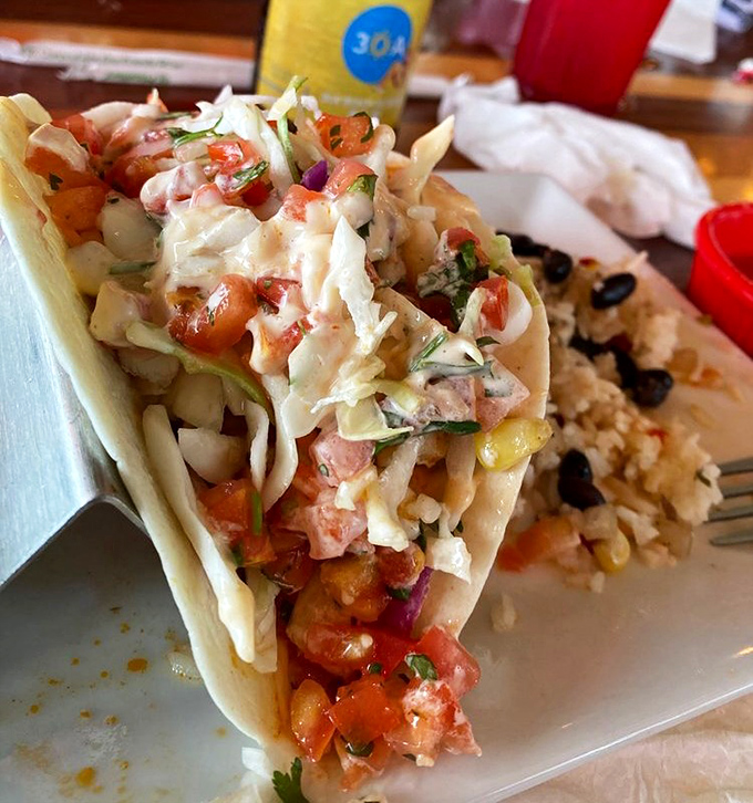 This isn't just a fish taco—it's edible architecture. Fresh Gulf catch, vibrant pico, and that sauce that'll haunt your dreams for weeks.