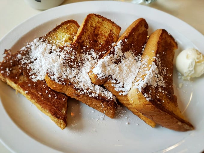 Golden-brown French toast dusted with powdered sugar—proof that sometimes the simplest pleasures are the most profound. That butter pat is just waiting for its maple syrup bath!