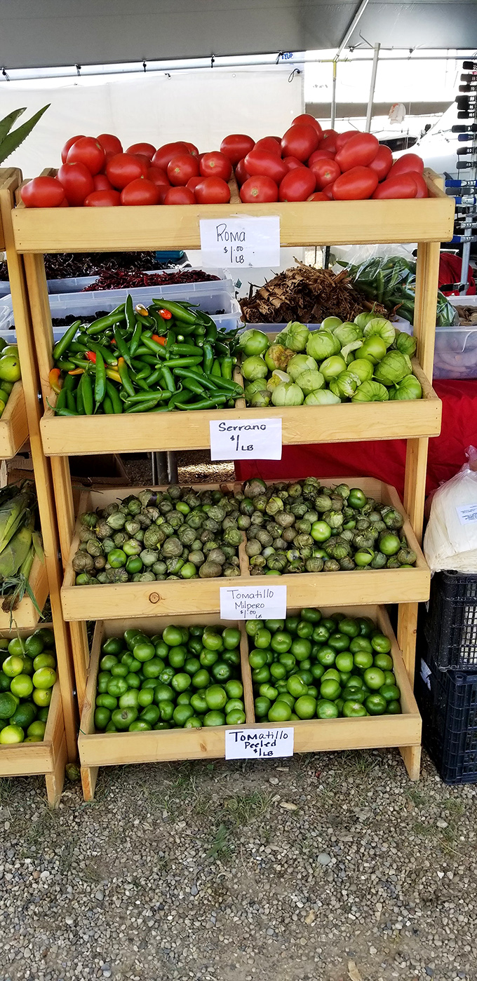 Nature's color palette on display. These Roma tomatoes and tomatillos didn't travel across continents to meet you—they're Michigan's homegrown celebrities.