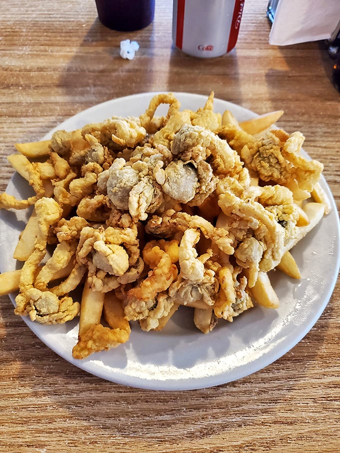Golden-fried clam strips piled high atop crispy fries—a mountain of seafood goodness that would make Neptune himself weep with joy.